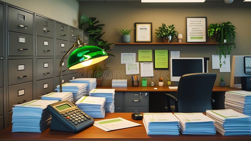 Overwhelmed Office Desk with High Stacks of Documents Stock Illustration - Illustration of ...