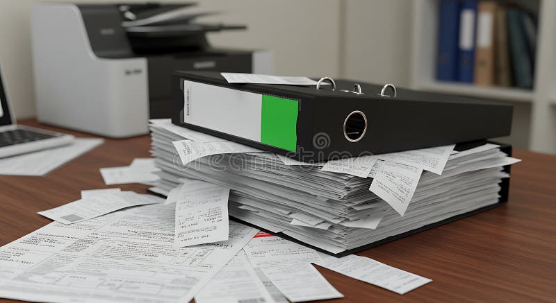 Overwhelmed Office: a Stack of Documents and a Binder in a Realistic ...