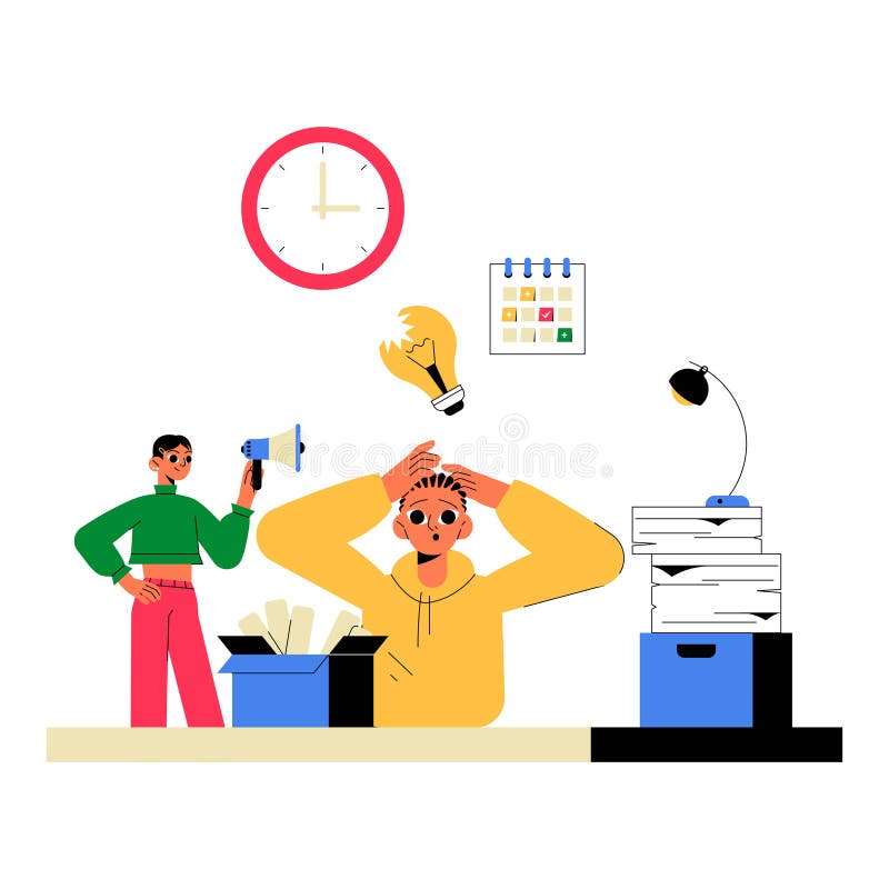 Overwhelmed Office Worker and Colleague with Megaphone in Flat Vector ...