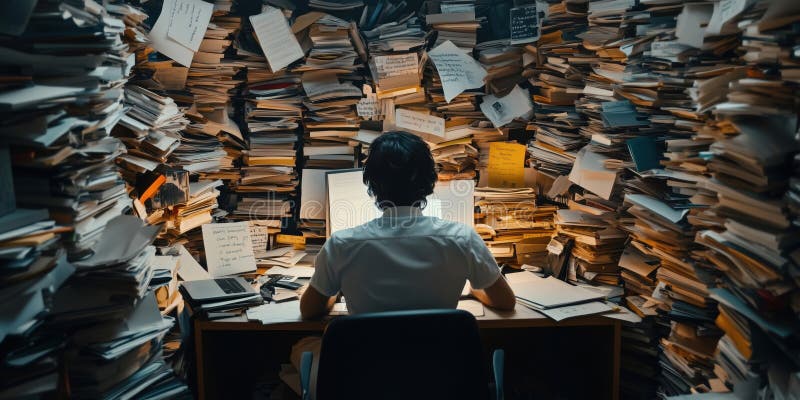 Overwhelmed Office Worker Surrounded by Piles of Paperwork and ...