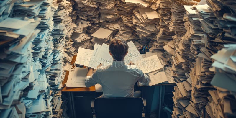 Overwhelmed Office Worker Surrounded Towering Piles Paperwork Documents ...
