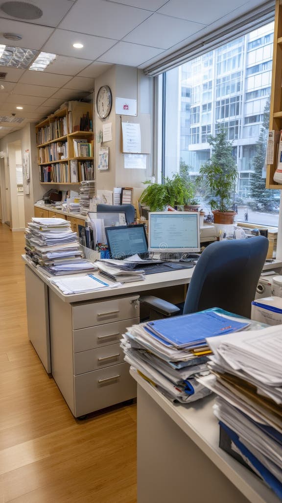 Overwhelmed Office Workspace Featuring Stacked Documents, Desktop Computer, and Cluttered ...