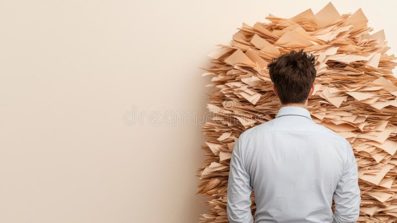 Overwhelmed by Paperwork, a Man Stands Facing a Towering Stack of ...