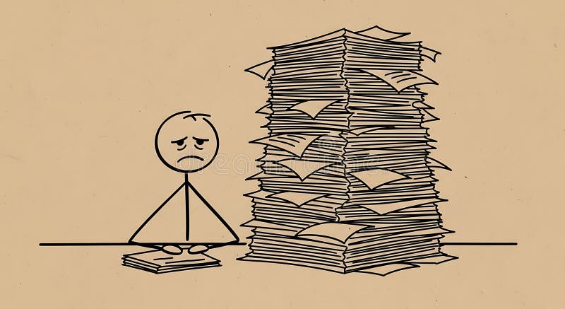 Overwhelmed Stick Figure Character with Huge Pile of Paperwork and ...