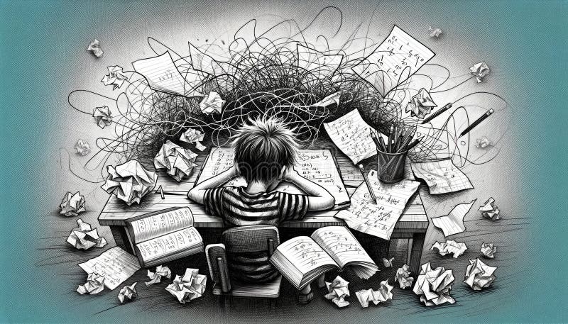 Overwhelmed Student with Chaotic Homework and Scribbles Stock Photo ...