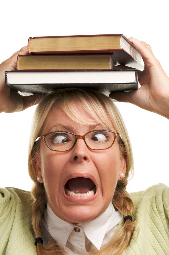 Overwhelmed Woman Carries Stack of Books on Head Stock Photo - Image of ...