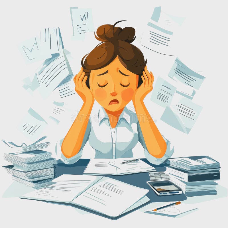 Overwhelmed Woman at Desk Surrounded by Papers and Documents ...