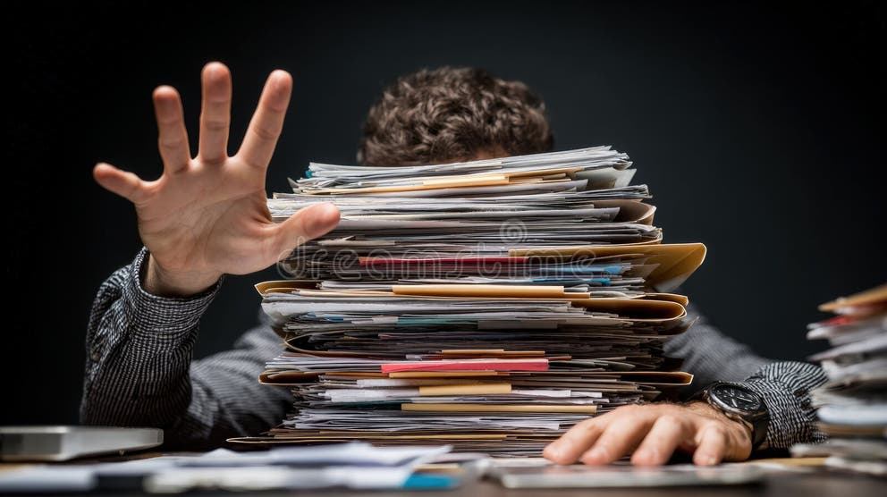 Overwhelmed Worker Behind Stack of Paperwork Reaching in Stressful ...