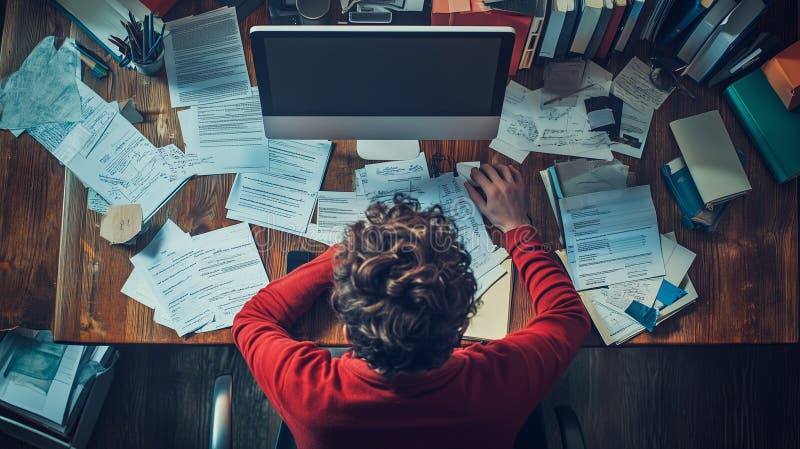 Overwhelmed Worker at Desk Surrounded by Papers Stock Illustration ...
