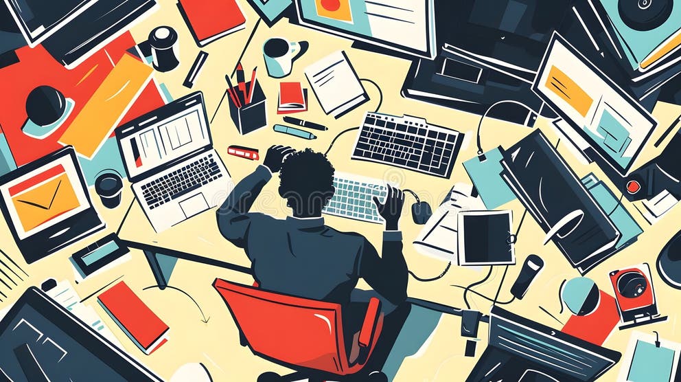 Overwhelmed Worker Juggles Multiple Screens, Devices, and Tasks in a ...