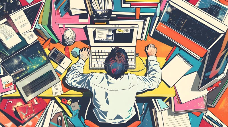 Overwhelmed Worker Struggles with a Messy Desk, Facing Technological ...