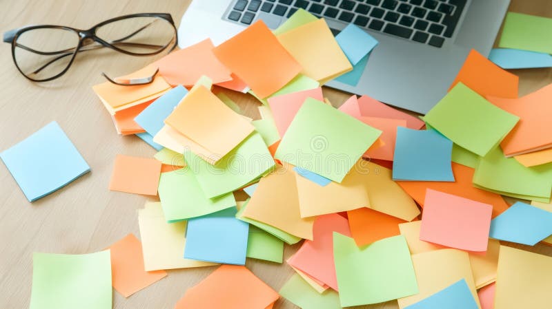 Overwhelmed Workspace with Colorful Sticky Notes Stock Photo - Image of ...