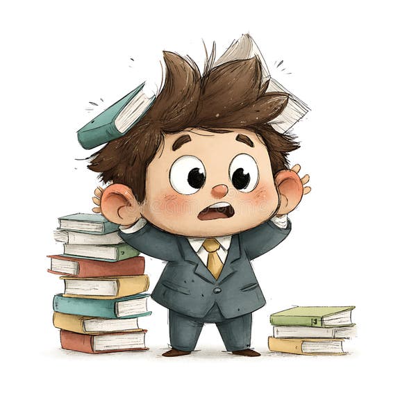 Overwhelmed Young Student with Stack of Books Illustration Stock ...
