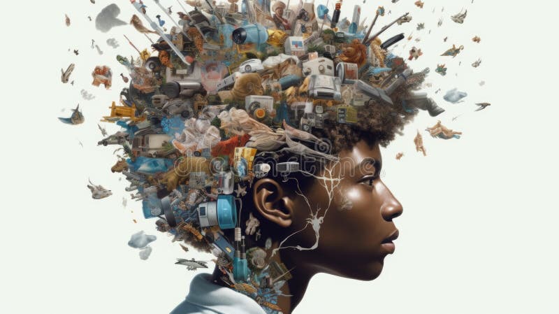 Overwhelming Information Data Explode Out of Head of Young Human Brain ...