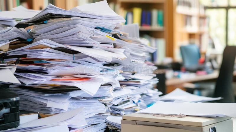 Overwhelming Pile of Office Documents on Desk in Busy Workplace ...