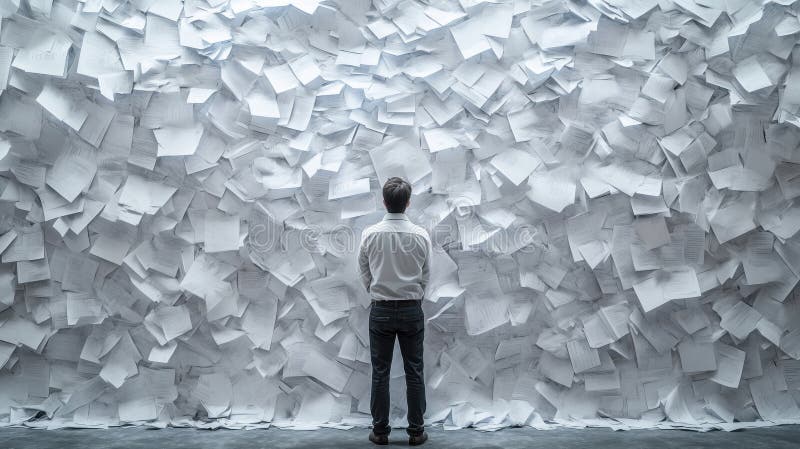 Overwhelming Pile of Papers, Man Standing in Front of Chaotic Document ...