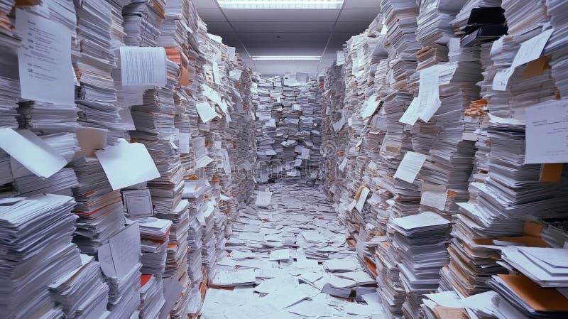 Overwhelming Stacks of White Paper Documents in an Archive Room Stock ...