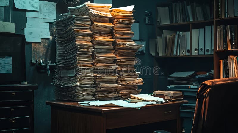 Overwhelming Workload Visible in a Dimly Lit Office with a Towering ...