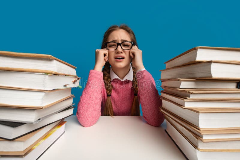 Overwork Concept. Girl among Books is Crying Stock Photo - Image of ...