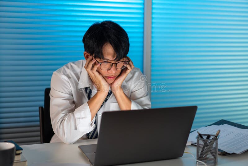 Overwork Concept the Male Officer Resting His Forehead on His Right ...