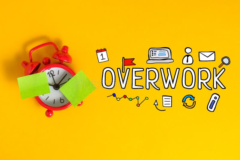 Overwork Concept - Red Clock with Abstract Icons and Inscription Stock ...
