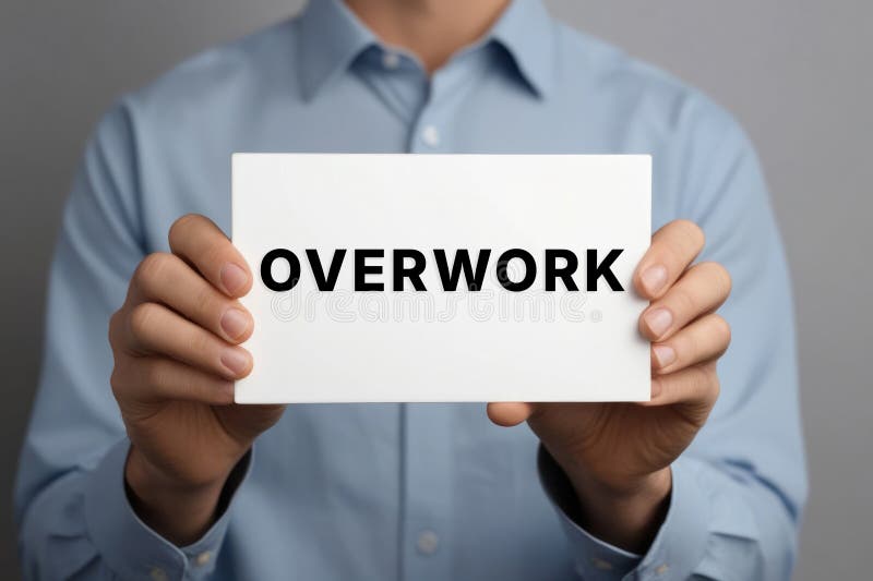 OVERWORK Text Words Phrase on a Sign in the Hands of a Worker Stock ...
