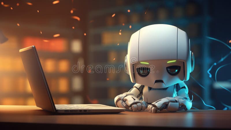 Overworked Annoyed Robot Works on the Computer AI Generated Stock ...