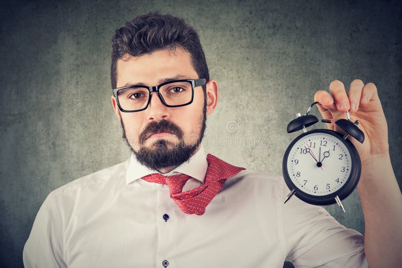 Overworked Business Man with Alarm Clock Stock Photo - Image of hour ...