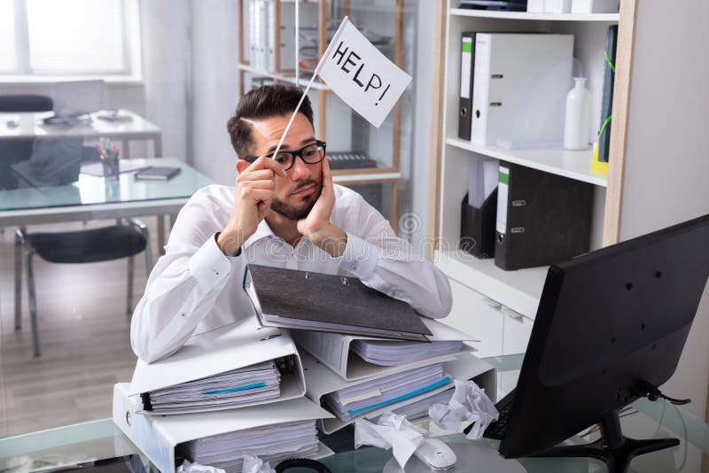 Overworked Businessman Holding Help Flag Stock Photo - Image of ...