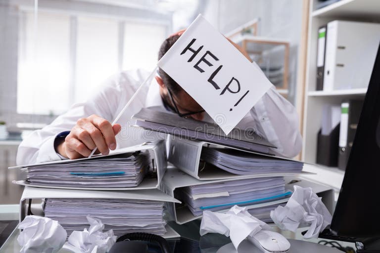 Overworked Businessman Holding Help Flag Stock Image - Image of monitor ...