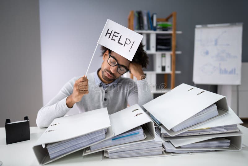 Overworked Businessman Holding Help Flag Stock Photo - Image of help ...