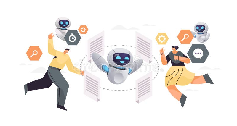 Overworked Businesspeople and Robot Helper Working with Paper Documents ...