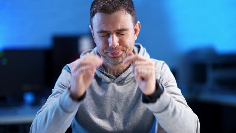 Tired Coder Working Computer In Data Hologram Closeup Man Rubbing Eyes At Night Stock Footage