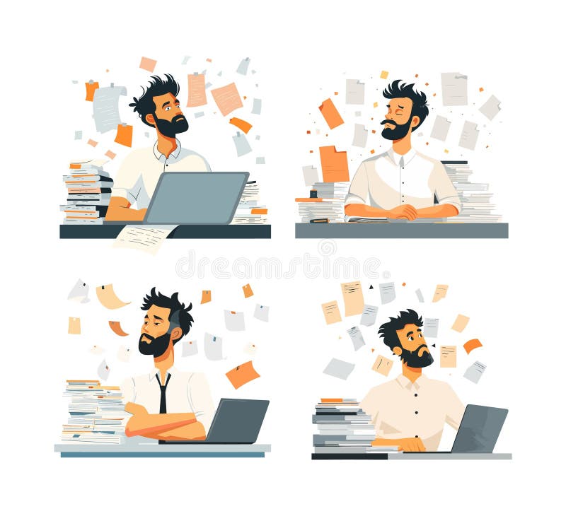 Overworked Employee Cartoon Vector Illustrations. Unorganized ...