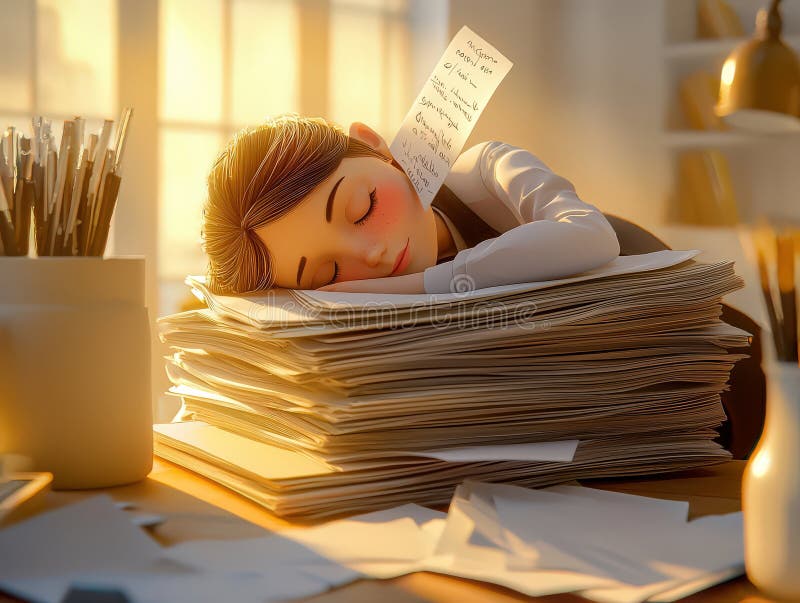 Overworked Employee Sleeping on Piles of Paperwork in Bright Office ...