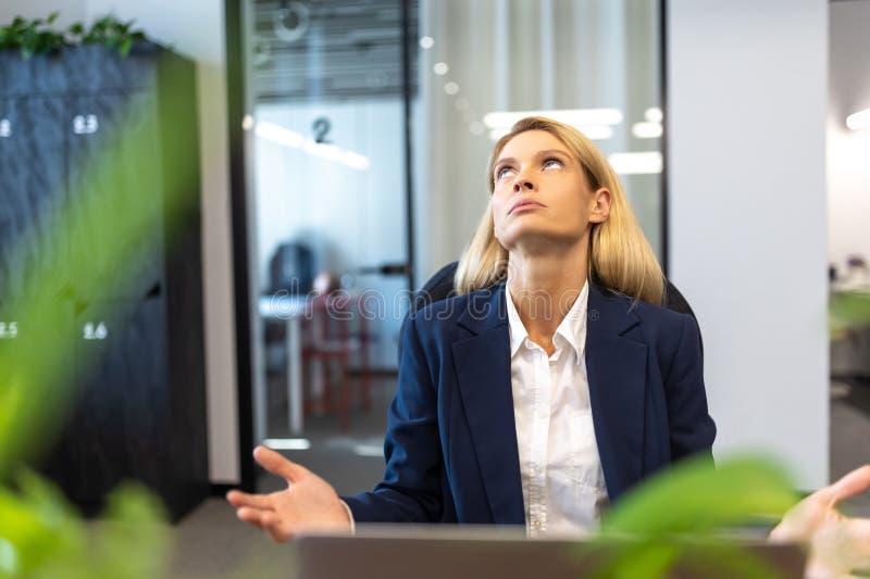 Overworked Female Company Executive Wearing Suit Working on Computer at ...