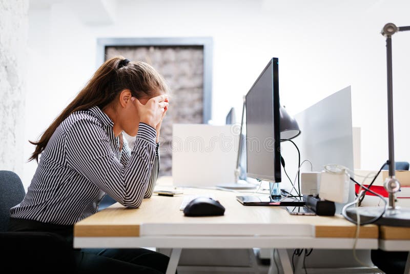Overworked and Frustrated Young Woman in Front of Computer Stock Image ...