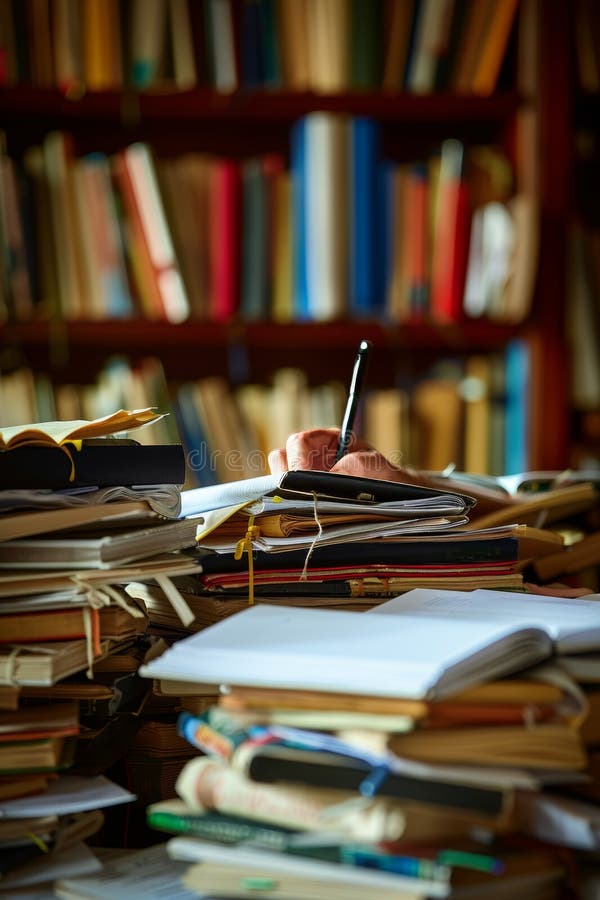 Overworked Historian Writing Research Paper, Surrounded by Stacks of ...