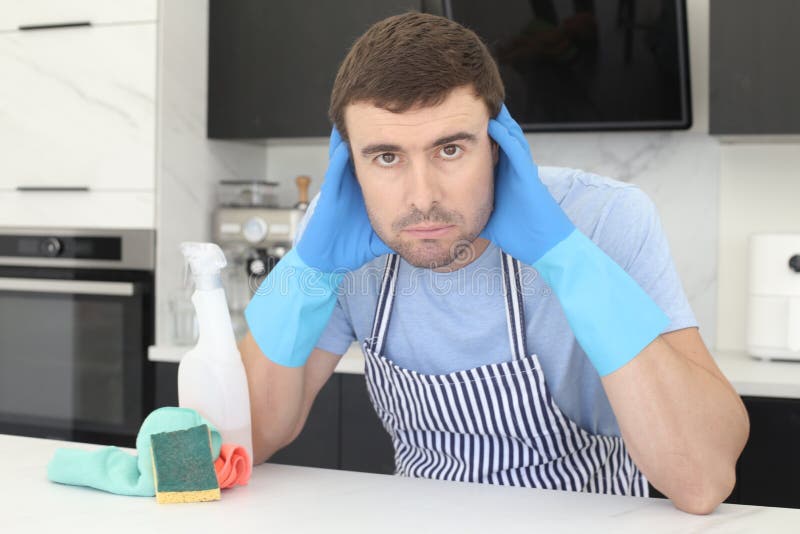 Overworked Looking Man Cleaning the Kitchen Stock Photo - Image of ...