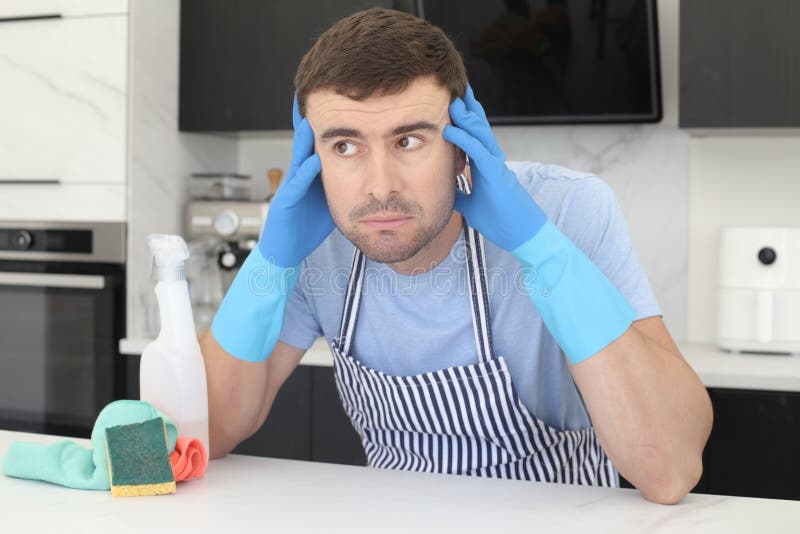 Overworked Looking Man Cleaning the Kitchen Stock Image - Image of ...