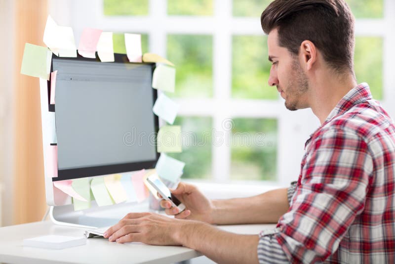 Overworked Man with Stickers on Computer Stock Image - Image of hacker ...