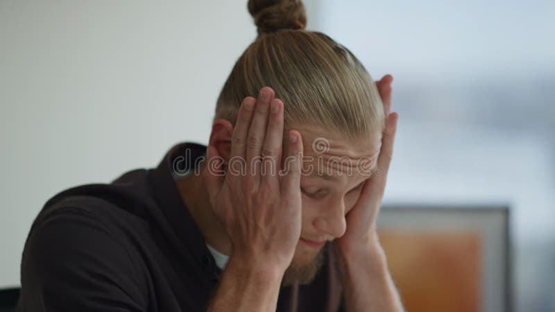 Overworked Programmer Massaging Head Office Closeup. Man Suffering from ...