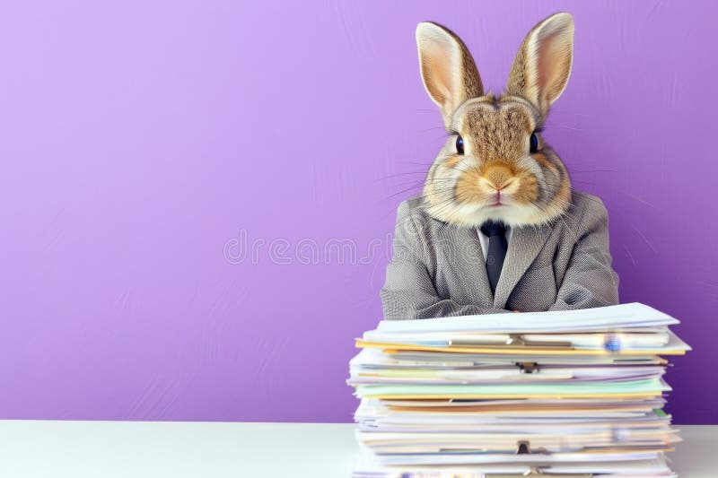 Overworked Rabbit Businessman Struggling with Large Stack of Paperwork ...