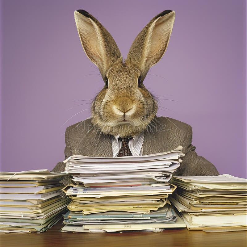 Overworked Rabbit in Suit Buried Under Mountain of Paperwork on a ...