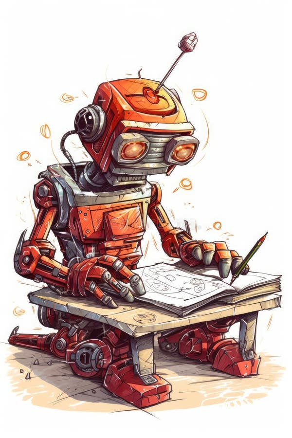 Overworked Robot Struggling To Write a Term Paper. Educational Concept ...