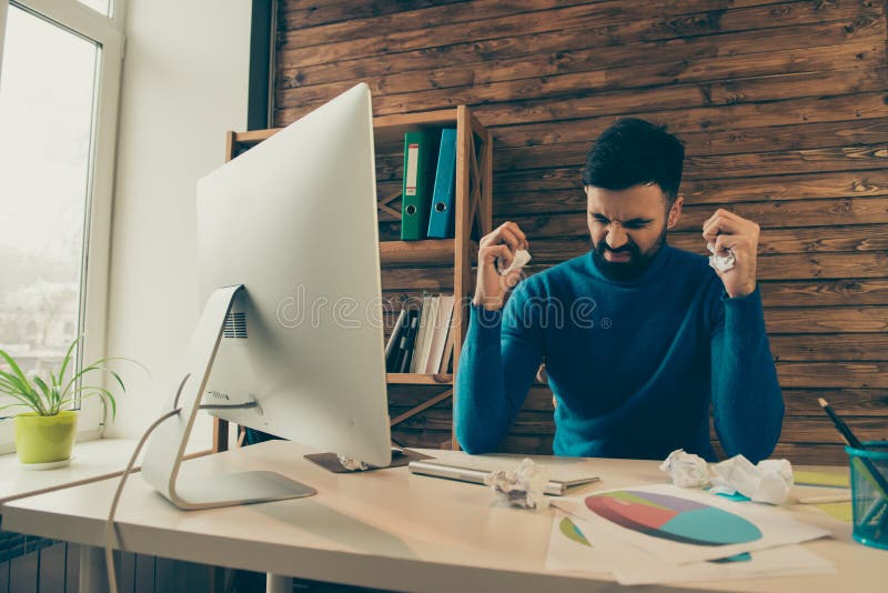 Overworked Sad Man Yelling while Working in Office Stock Image - Image ...
