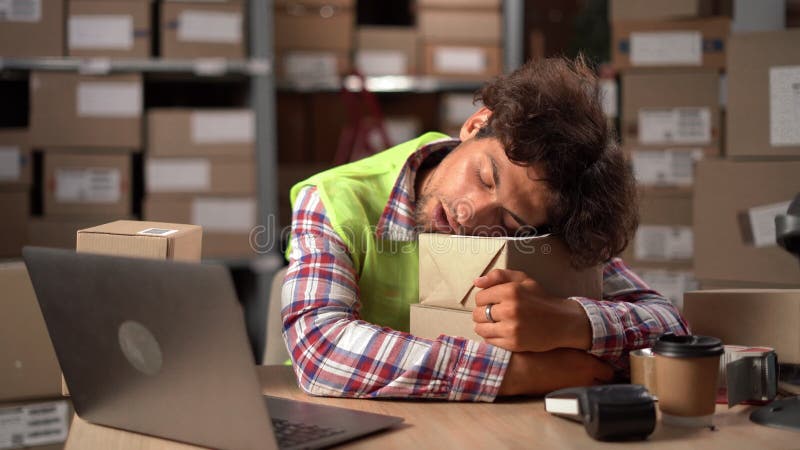 Overworked Storage Male Workers Sleeping and Resting on Work. Young ...