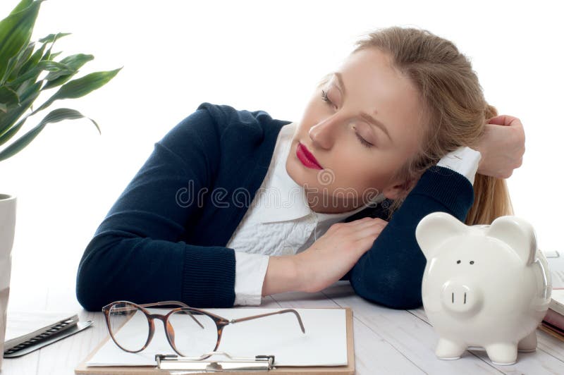 Overworked and Tired Young Woman Sleeping on Desk at Office Stock Image ...