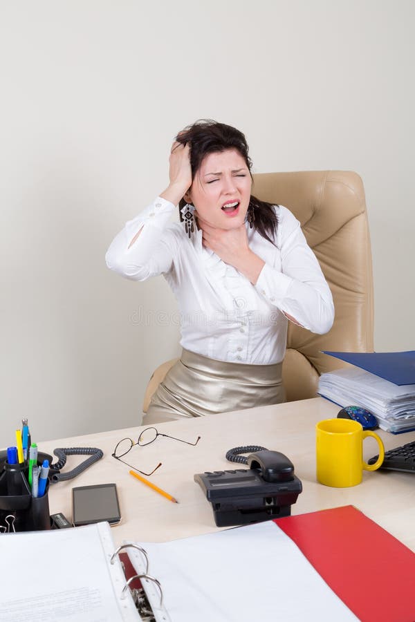Overworked Woman with Pain in Office Stock Photo - Image of disorder ...