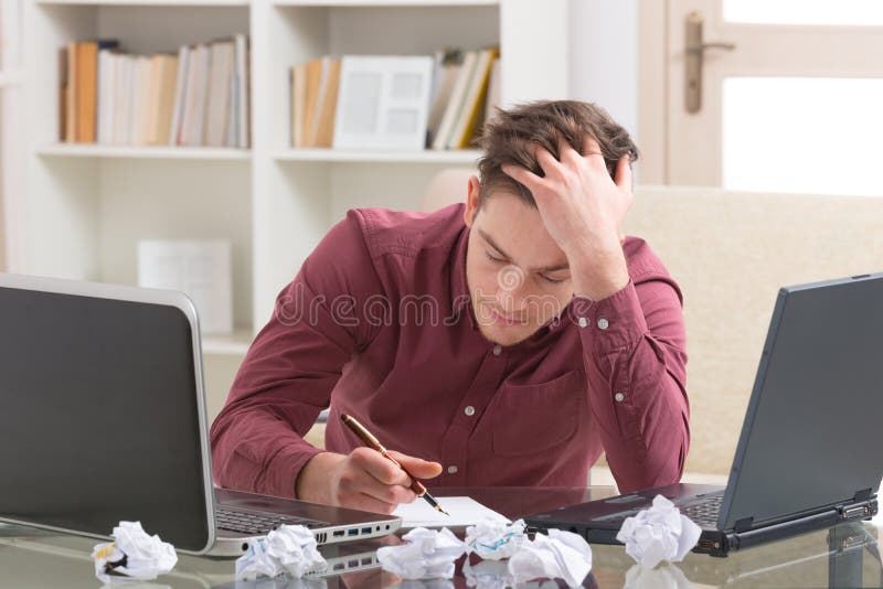 Overworked Young Businesswoman at Desk on White Stock Photo - Image of ...